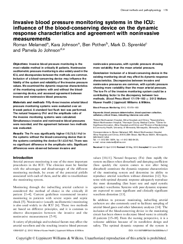 (PDF) Invasive blood pressure monitoring systems in the ICU