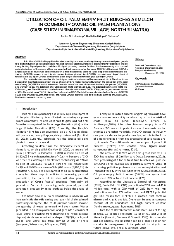 (PDF) Utilization of Oil Palm Empty Fruit Bunches as Mulch in Community Owned Oil Palm ...