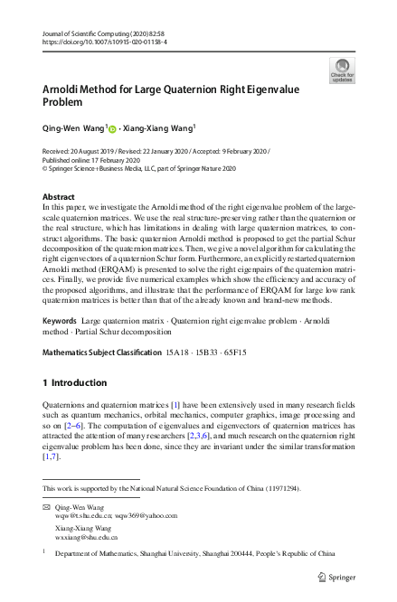 (PDF) Arnoldi Method for Large Quaternion Right Eigenvalue Problem