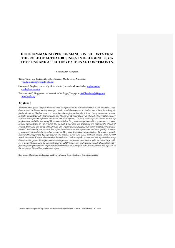 (PDF) Decision-Making Performance in Big Data Era: The Role of Actual Business Intelligence ...