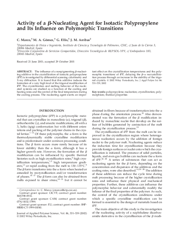 (PDF) Activity of a β-nucleating agent for isotactic polypropylene and ...