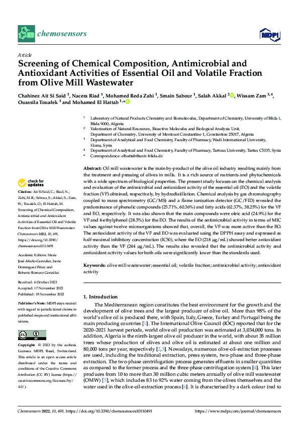 (PDF) Screening of Chemical Composition, Antimicrobial and Antioxidant Activities of Essential ...