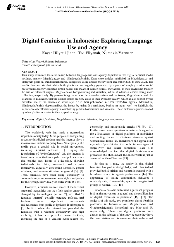 (PDF) Digital Feminism in Indonesia: Exploring Language Use and Agency