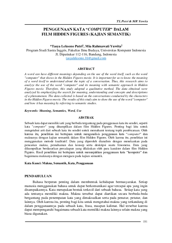 (PDF) Penggunaan Kata "Computer" Dalam Film Hidden Figures (Kajian ...