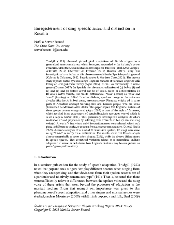 (PDF) Enregisterment of sung speech: seseo and distinction in Rosalía