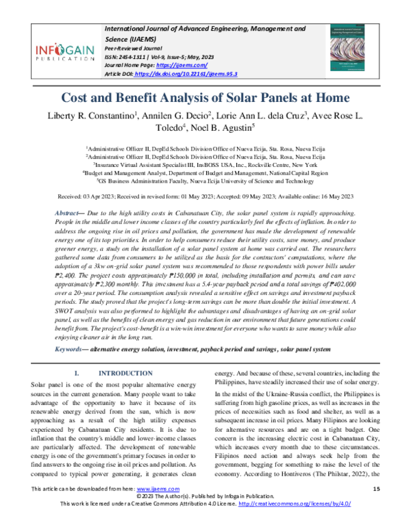 (PDF) Cost and Benefit Analysis of Solar Panels at Home