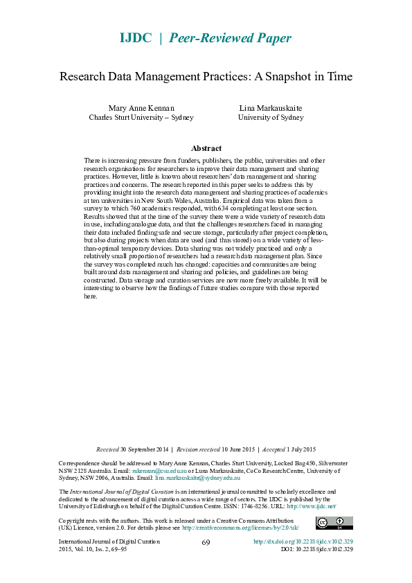 (PDF) Research Data Management Practices: A Snapshot in Time
