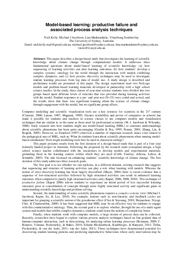 (PDF) Model-based learning : productive failure and associated process analysis techniques