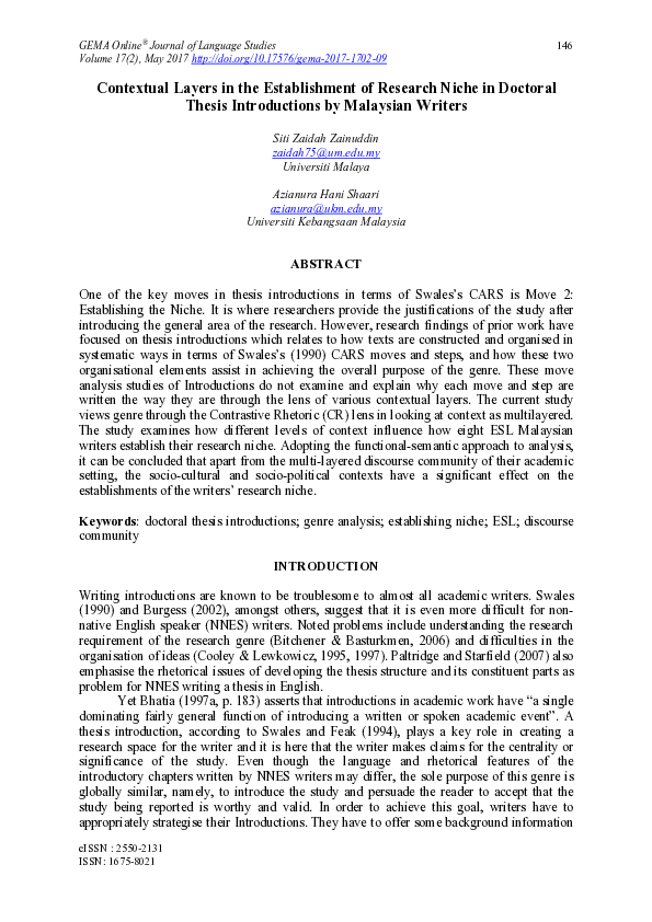 (PDF) Contextual Layers in the Establishment of Research Niche in Doctoral Thesis Introductions ...