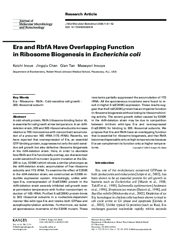 (PDF) Era and RbfA Have Overlapping Function in Ribosome Biogenesis in ...