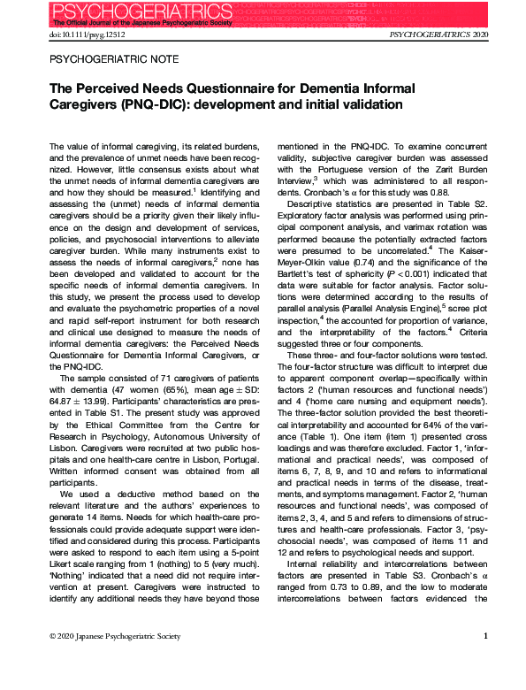 (PDF) The Perceived Needs Questionnaire for Dementia Informal Caregivers (PNQ‐DIC): development ...