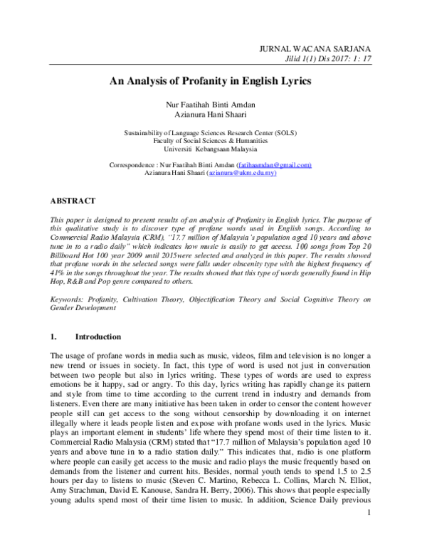 (PDF) An Analysis of Profanity in English Lyrics