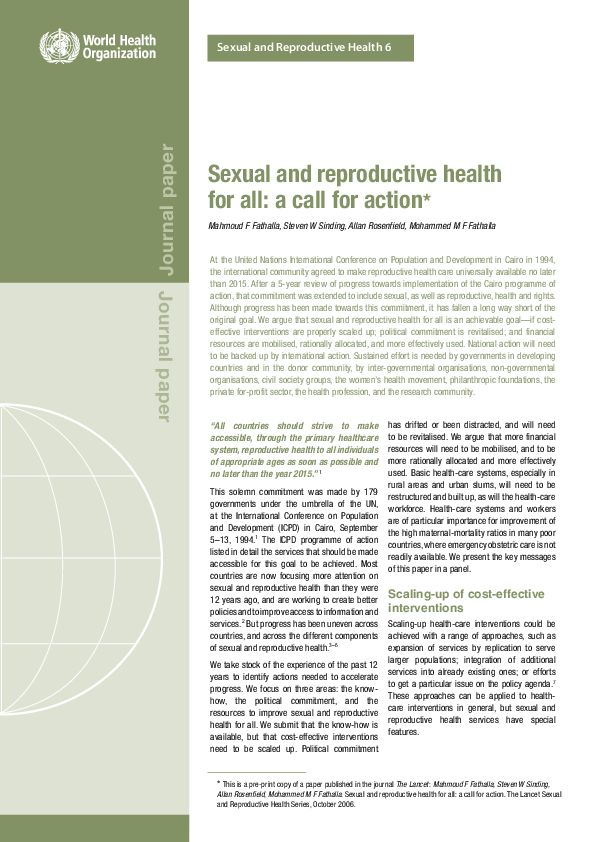 (PDF) Sexual and reproductive health for all: a call for action
