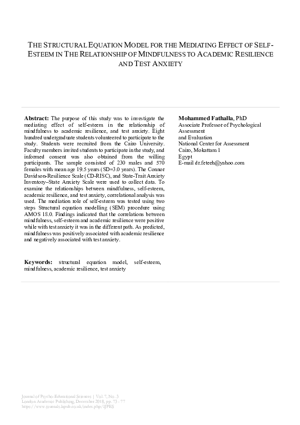 (PDF) The Structural Equation Model for the Mediating Effect of Self-Esteem in The Relationship ...