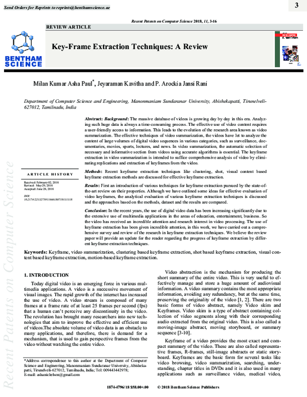 (PDF) Key-Frame Extraction Techniques: A Review