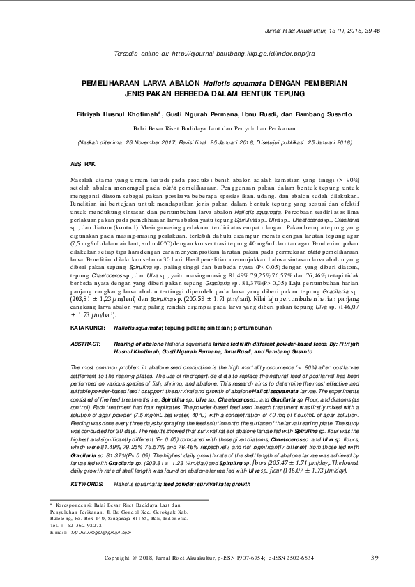 (PDF) PEMELIHARAAN LARVA ABALON Haliotis squamata DENGAN PEMBERIAN JENIS PAKAN BERBEDA DALAM ...