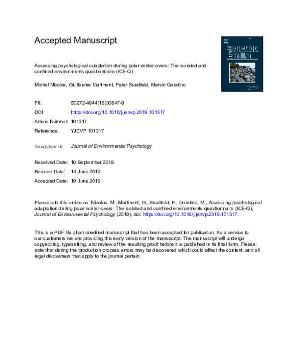 (PDF) Assessing psychological adaptation during polar winter-overs: The ...