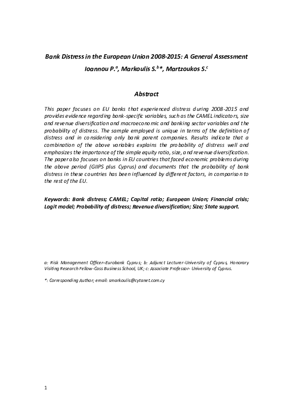 (PDF) Bank Distress in the European Union 2008-2015: A General ...