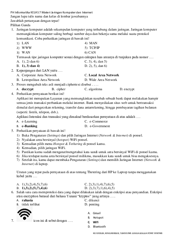 (PDF) Soal Infomatika KELAS 7 Materi Jaringan Komputer dan Internet
