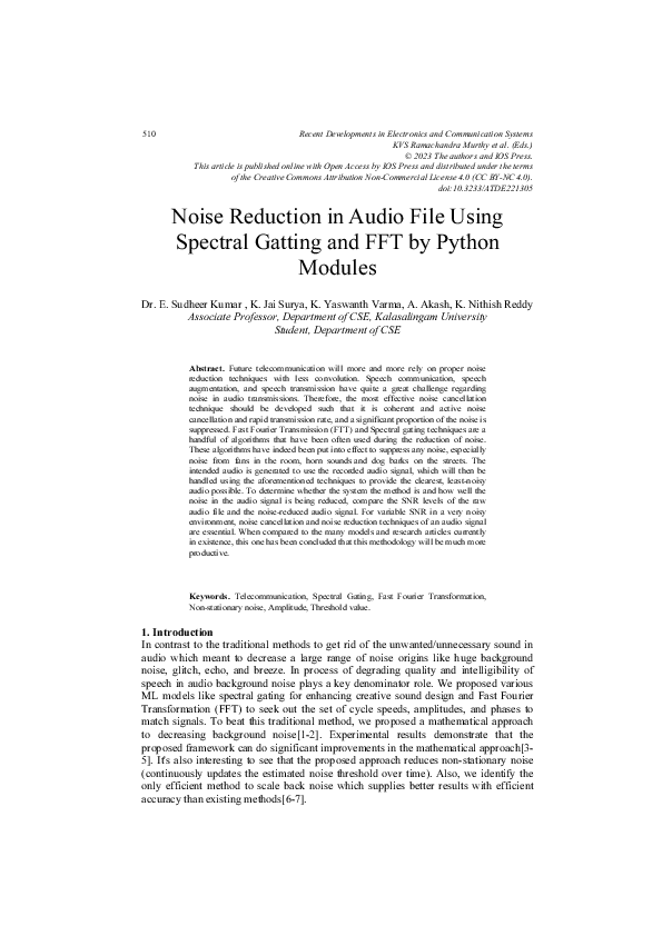 (PDF) Noise Reduction in Audio File Using Spectral Gatting and FFT by Python Modules