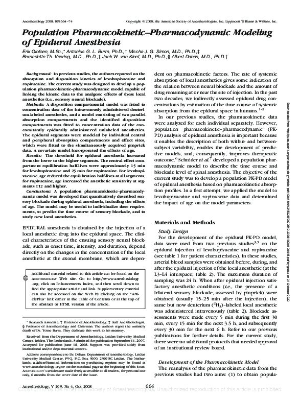 (PDF) Population Pharmacokinetic–Pharmacodynamic Modeling of Epidural Anesthesia