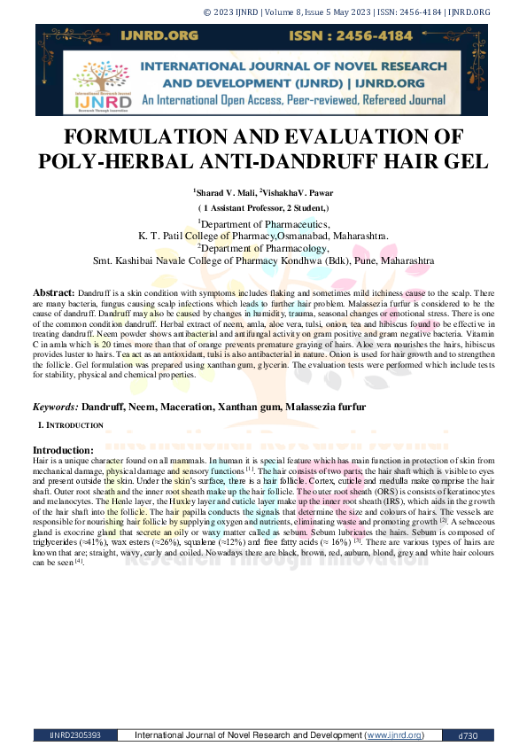 (PDF) FORMULATION AND EVALUATION OF POLY-HERBAL ANTI-DANDRUFF HAIR GEL