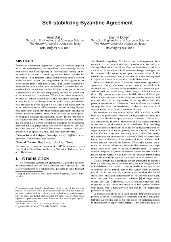 (PDF) Self-stabilizing byzantine agreement