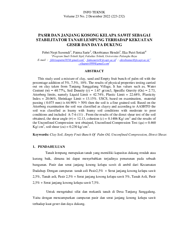 (PDF) Pasir Dan Janjang Kosong Kelapa Sawit Sebagai Stabilitator Tanah Lempung Terhadap Kuat ...
