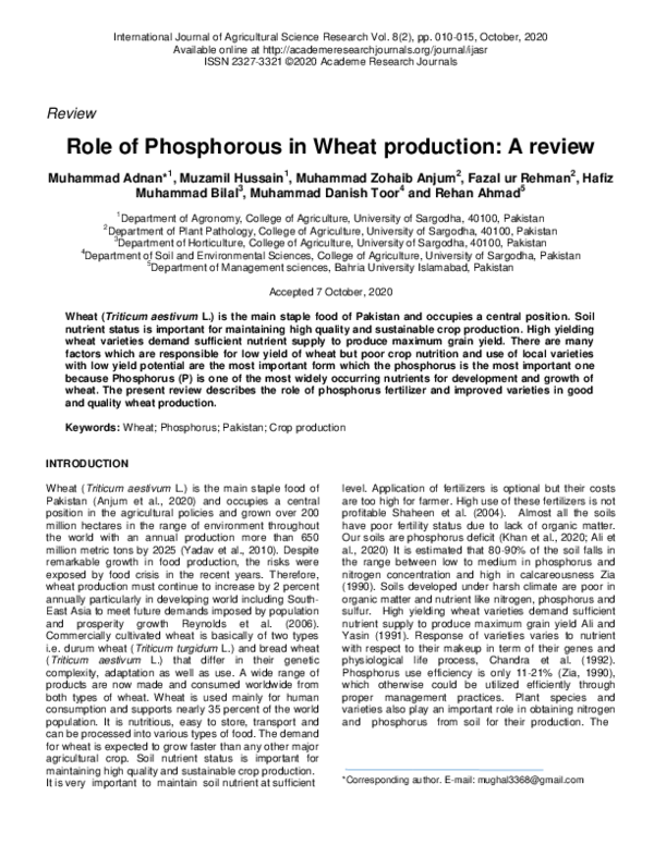(PDF) Role of Phosphorous in Wheat production: A review