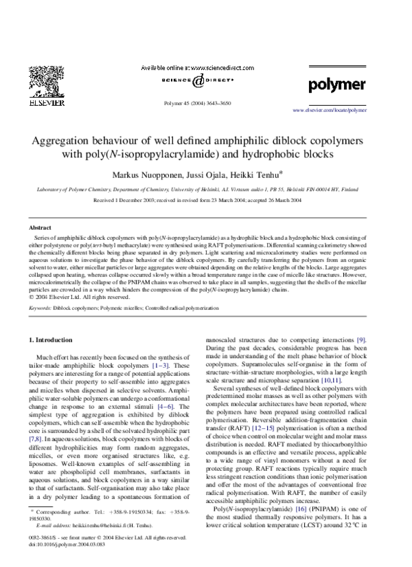 (PDF) Aggregation behaviour of well defined amphiphilic diblock copolymers with poly(N ...