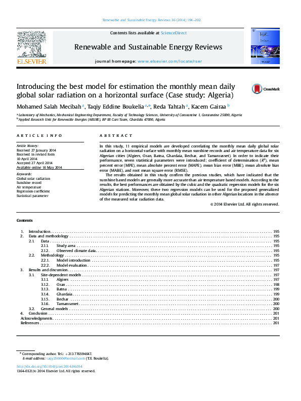 Pdf Introducing The Best Model For Estimation The Monthly Mean Daily Global Solar Radiation On