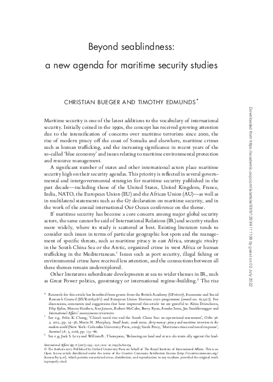 (PDF) Beyond seablindness: a new agenda for maritime security studies | Christian Bueger ...
