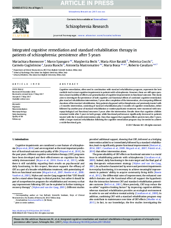 (PDF) Integrated cognitive remediation and standard rehabilitation ...