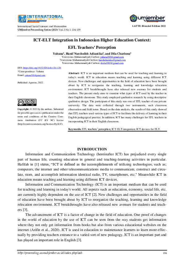 (PDF) ICT-ELT Integration in Indonesian Higher Education Context: EFL Teachers’ Perception