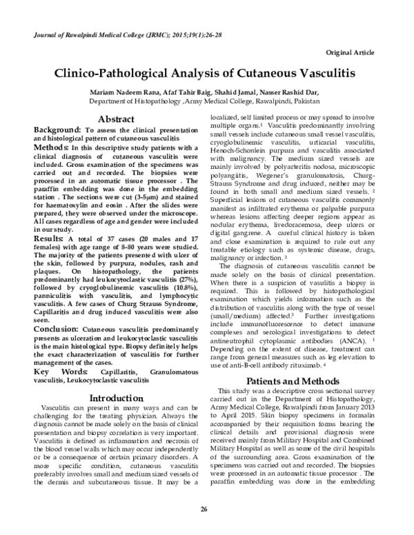 (PDF) Clinico-Pathological Analysis of Cutaneous Vasculitis | Mariam Rana - Academia.edu