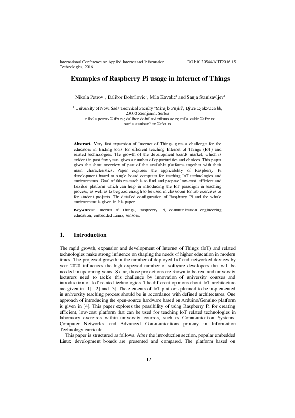 Pdf Examples Of Raspberry Pi Usage In Internet Of Things