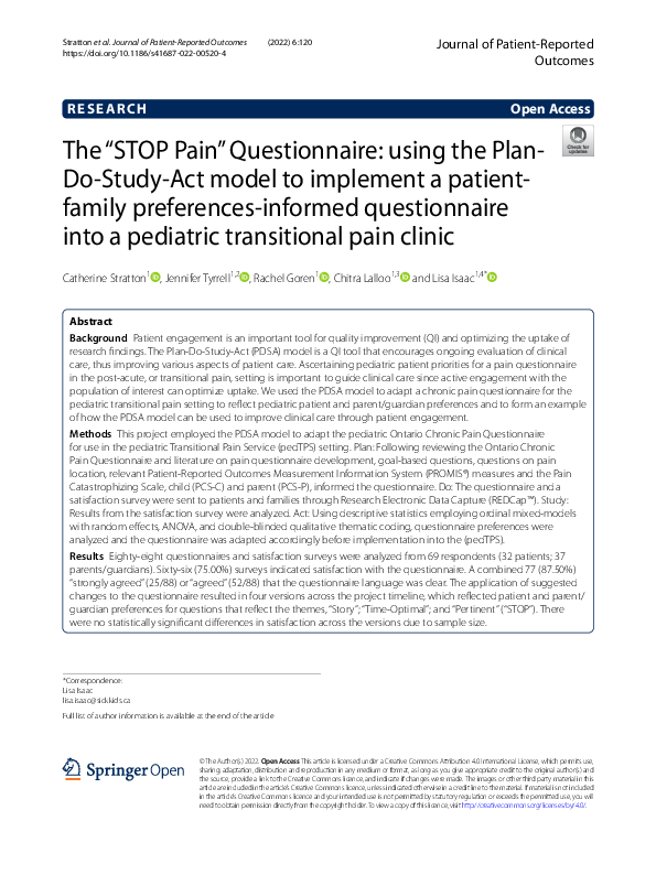 (PDF) The “STOP Pain” Questionnaire: using the Plan-Do-Study-Act model ...