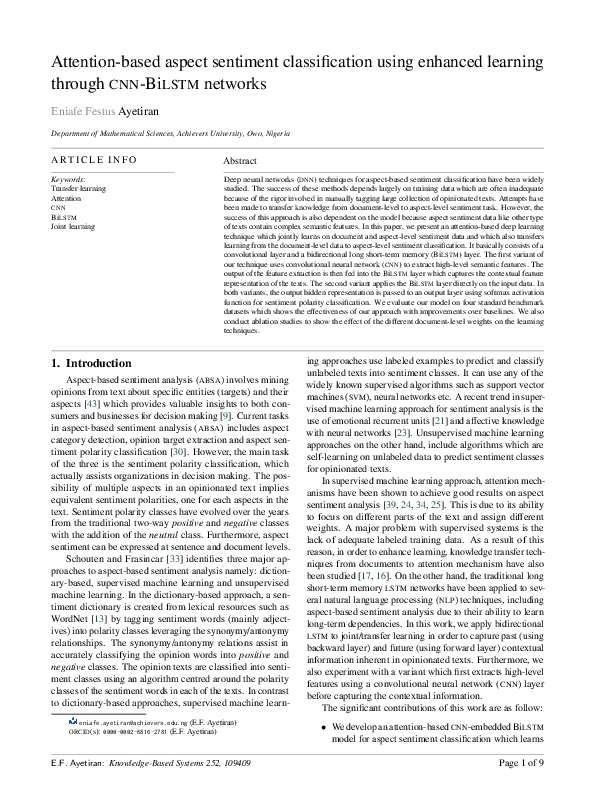 Pdf Attention Based Aspect Sentiment Classification Using Enhanced