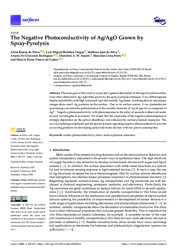 (PDF) The Negative Photoconductivity of Ag/AgO Grown by Spray-Pyrolysis