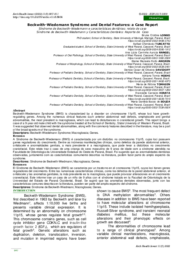 (PDF) Beckwith-Wiedemann Syndrome and Dental Features: a Case Report
