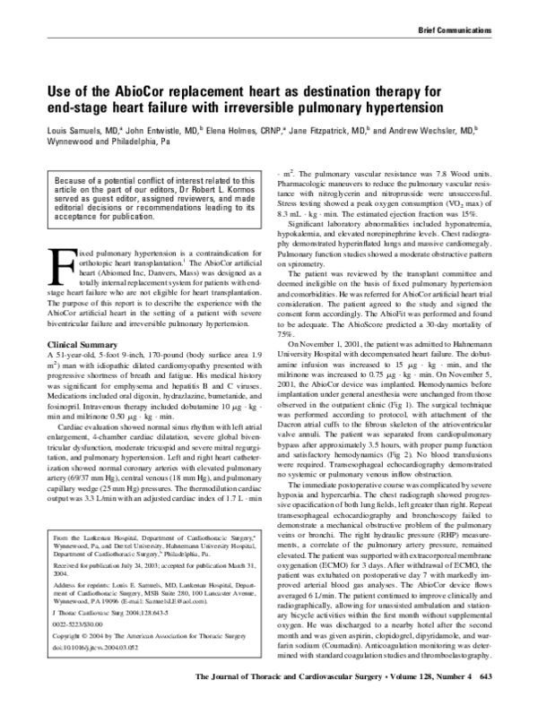 (PDF) Use of the AbioCor replacement heart as destination therapy for ...