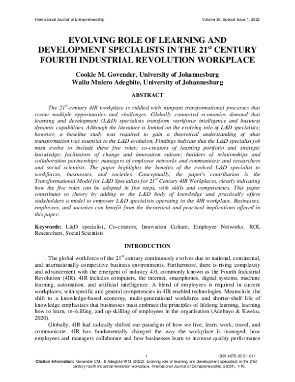 (PDF) Evolving role of learning and development specialists in the 21st century fourth ...