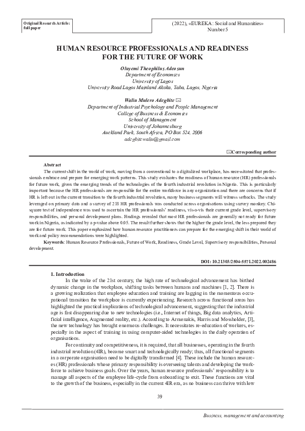 (PDF) Human resource professionals and readiness for the future of work