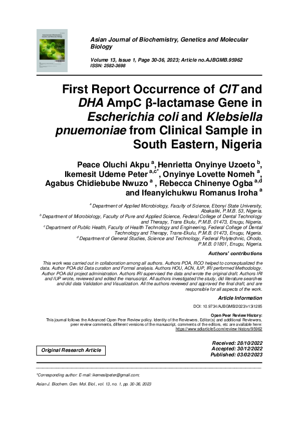 (PDF) First Report Occurrence of CIT and DHA AmpC β-lactamase Gene in ...