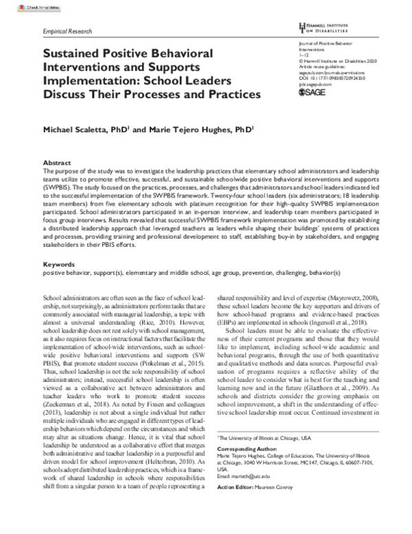 (PDF) Sustained Positive Behavioral Interventions and Supports Implementation: School Leaders ...