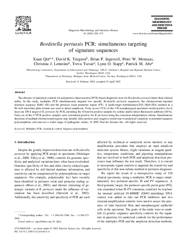 (PDF) Bordetella pertussis PCR: simultaneous targeting of signature ...