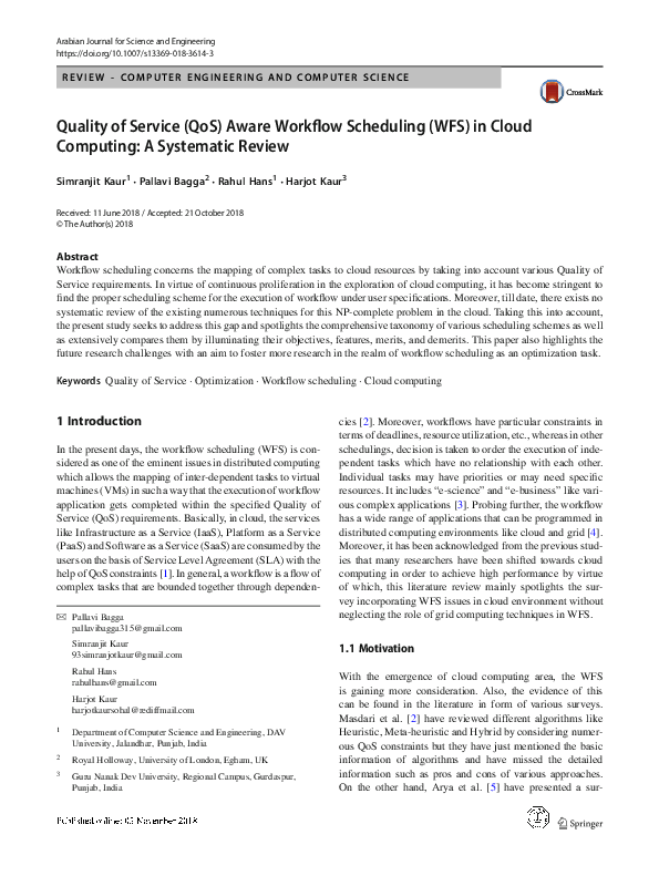 (PDF) Quality of Service (QoS) Aware Workflow Scheduling (WFS) in Cloud Computing: A Systematic ...