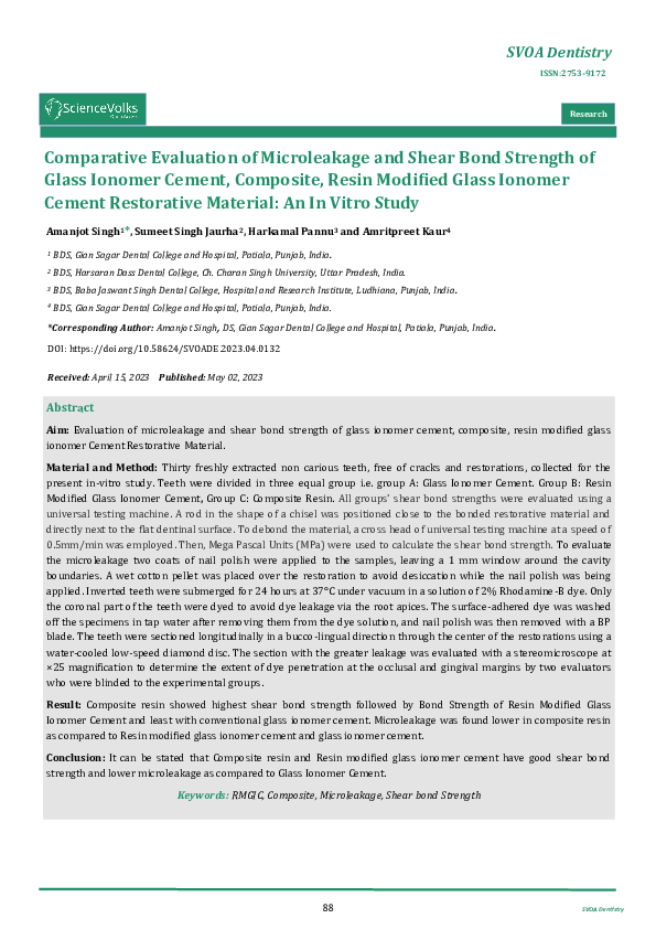 Pdf Comparative Evaluation Of Microleakage And Shear Bond Strength Of Glass Ionomer Cement