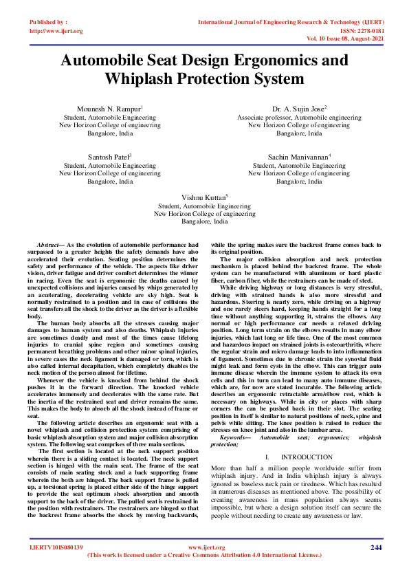 (PDF) Automobile Seat Design Ergonomics and Whiplash Protection System