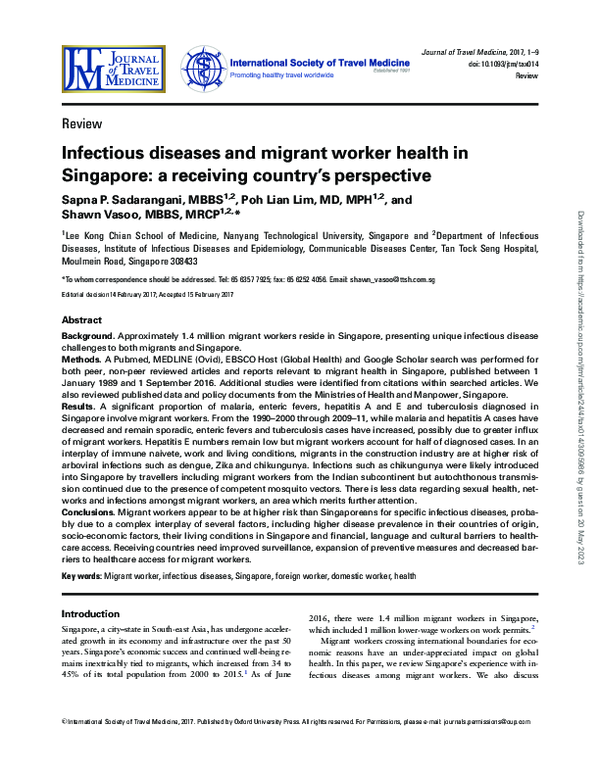 (PDF) Infectious diseases and migrant worker health in Singapore: a ...